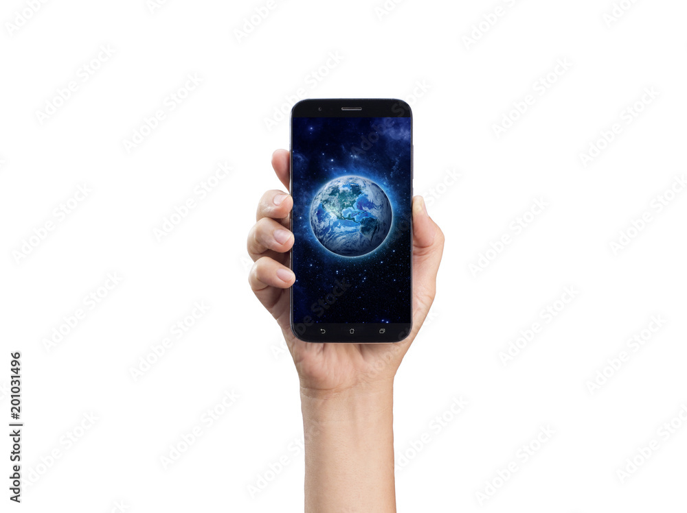 hand holding mobile phone or smart phone on Planet Earth background ...