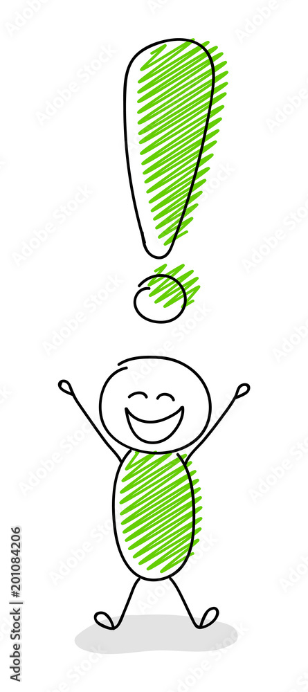 Exclamation mark with funny stickman drawing. Excited expression ...