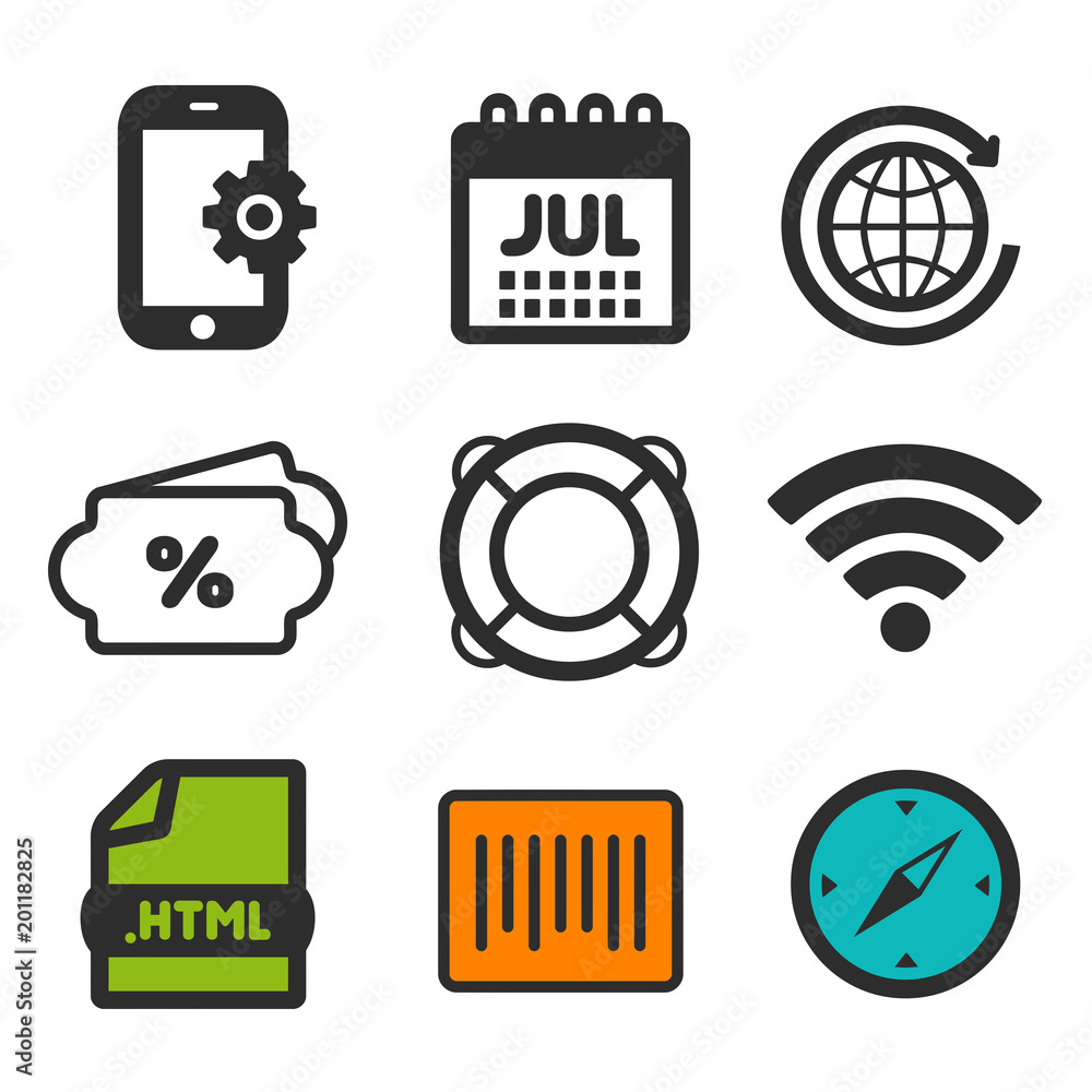 Lifebuoy icon. Compass symbol. HTML document and Barcode icons ...
