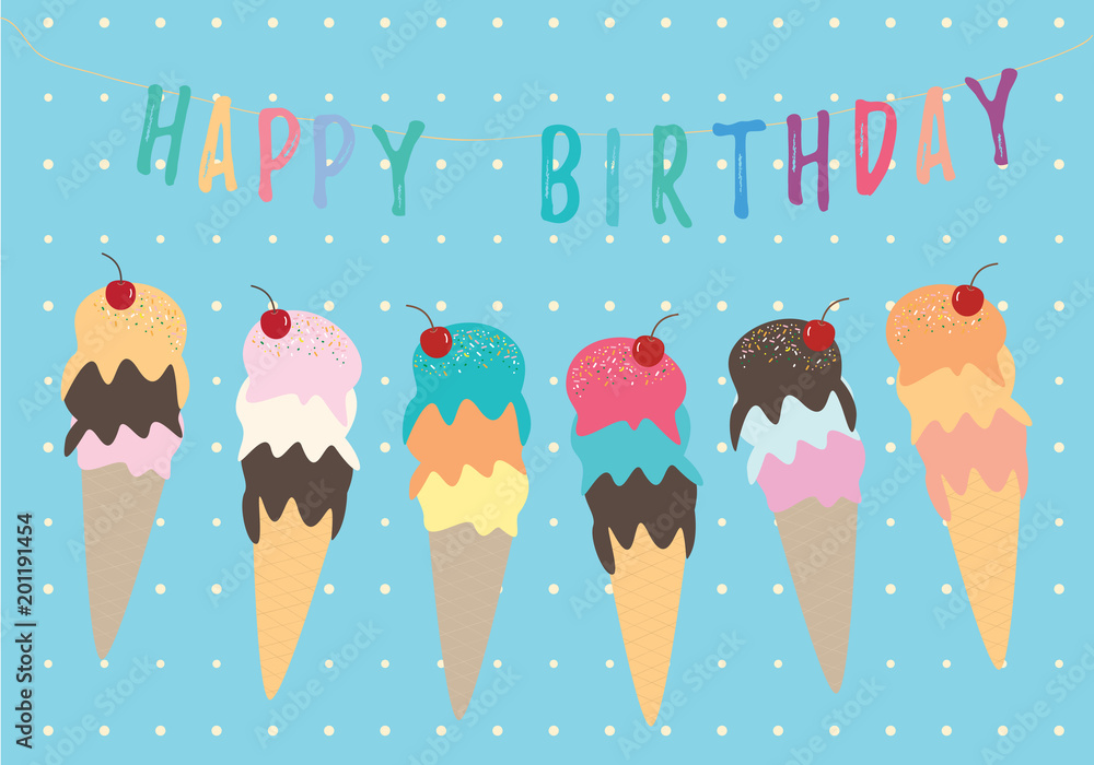Ice cream happy birthday vector card template in pastel colors on a ...