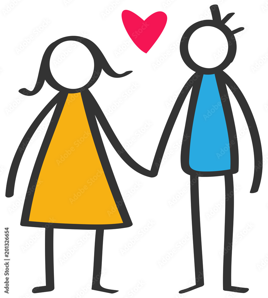 Simple colorful stick figures happy couple, man, woman holding hands in ...