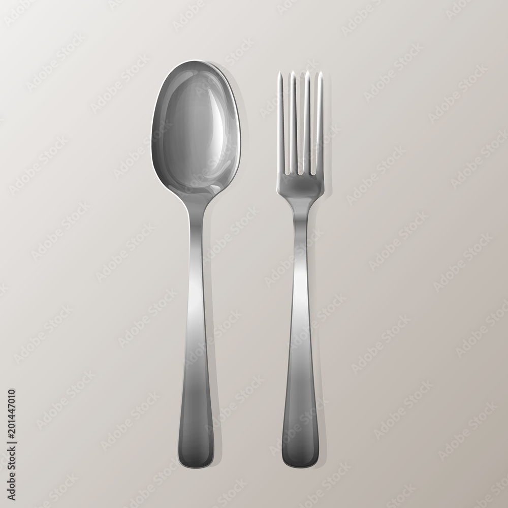 Vector realistic fork and spoon. Silver kitchen stainless utensil set ...