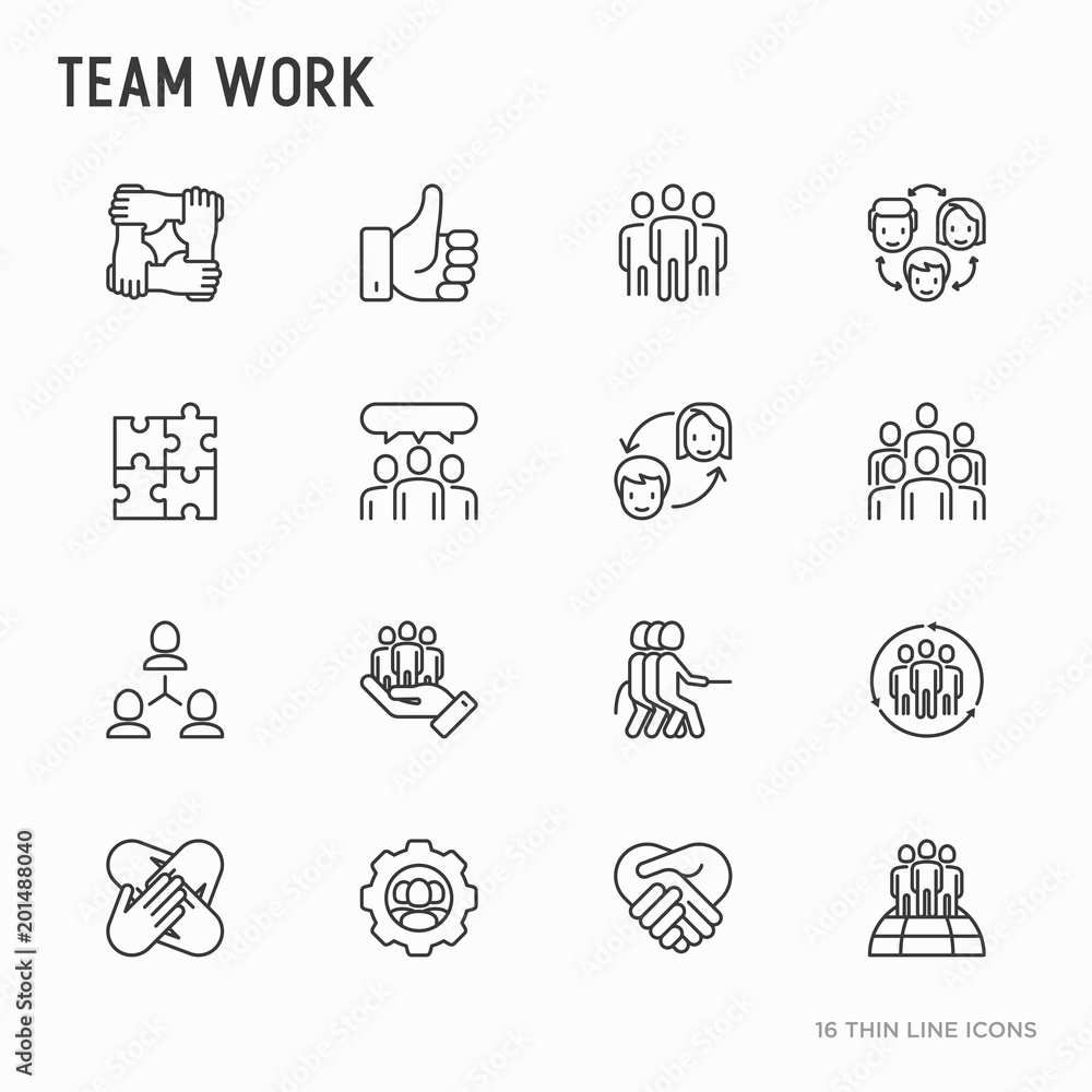 Teamwork thin line icons set: group of people, mutual assistance ...