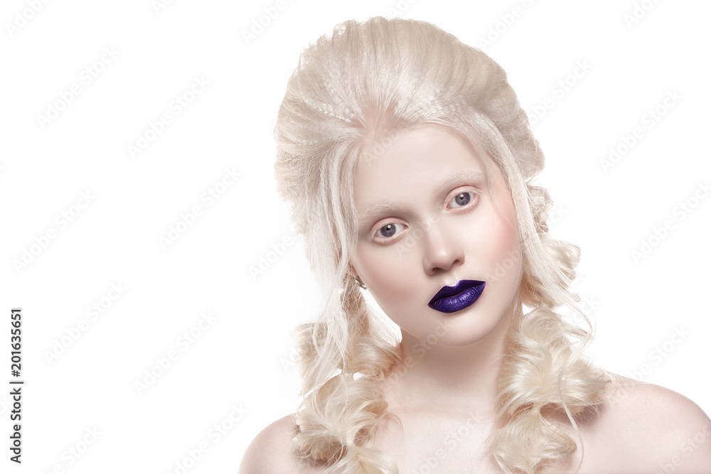 Beauty charming albino girl. White hair, eyebrows, eyelashes, pale skin ...