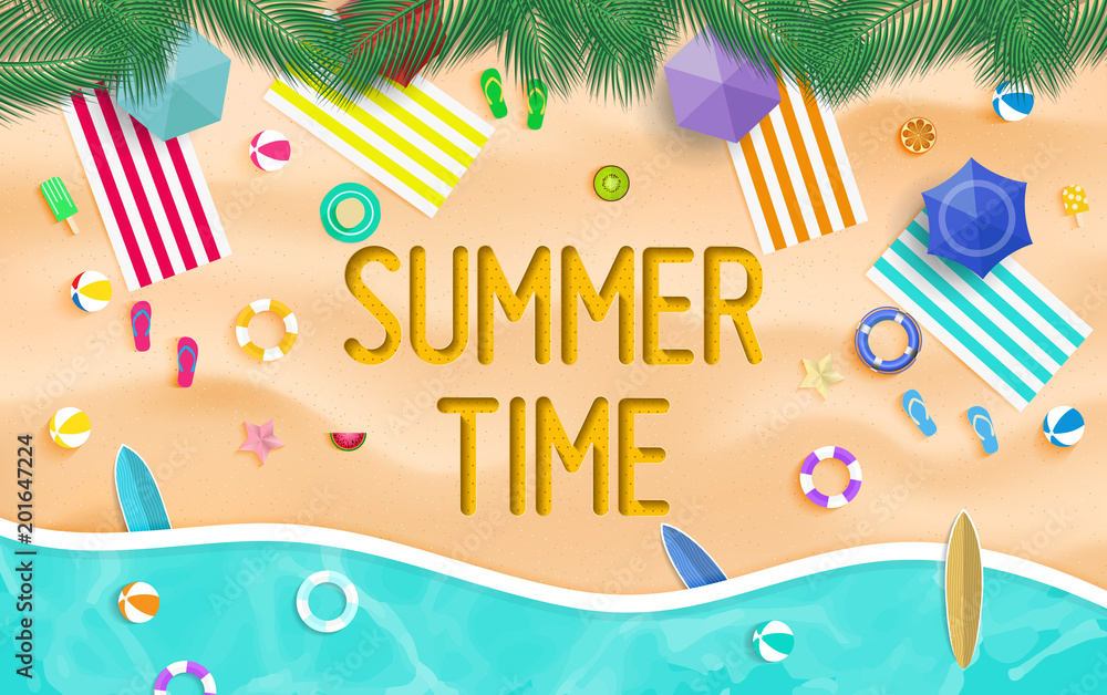 Summer time background. Top view summer background vector in beach with ...