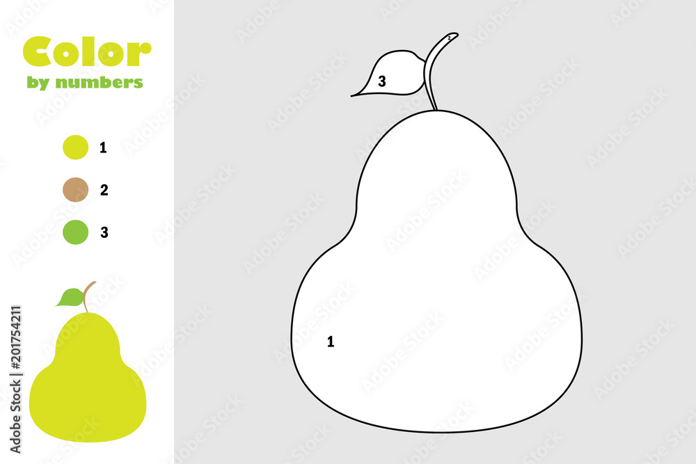 Pear in cartoon style, color by number, education paper game for the ...