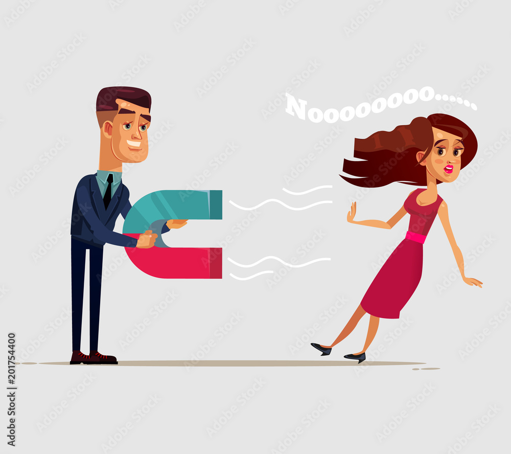 Man trying woman following him in love with magnet and woman resist ...