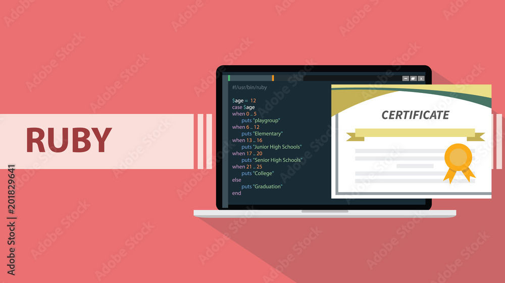 ruby programming language paper certification with laptop and real code script sample Stock ...
