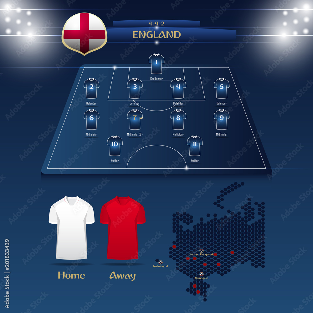 Team England soccer jersey or football kit with match formation tactic ...