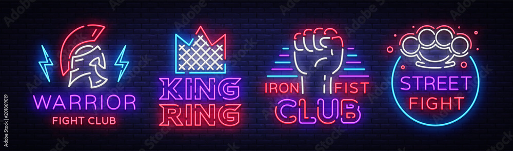 Fight Club collection neon signs. Set logo in neon style. Design ...