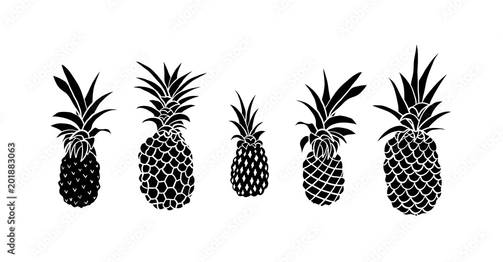 Vector set of five pineapple fruit. Tropical summer vacation collection ...