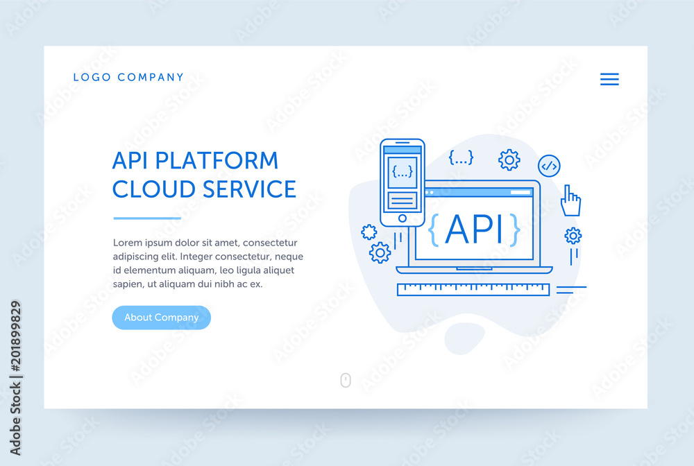 API platform illustration. Web banner. Blue flat line style. Home page ...