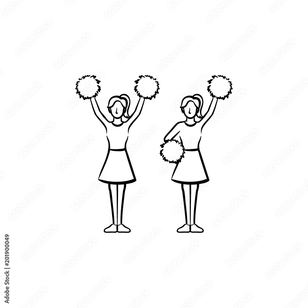 Cheerleader women with pom-pom hand drawn outline doodle icon. Girls ...