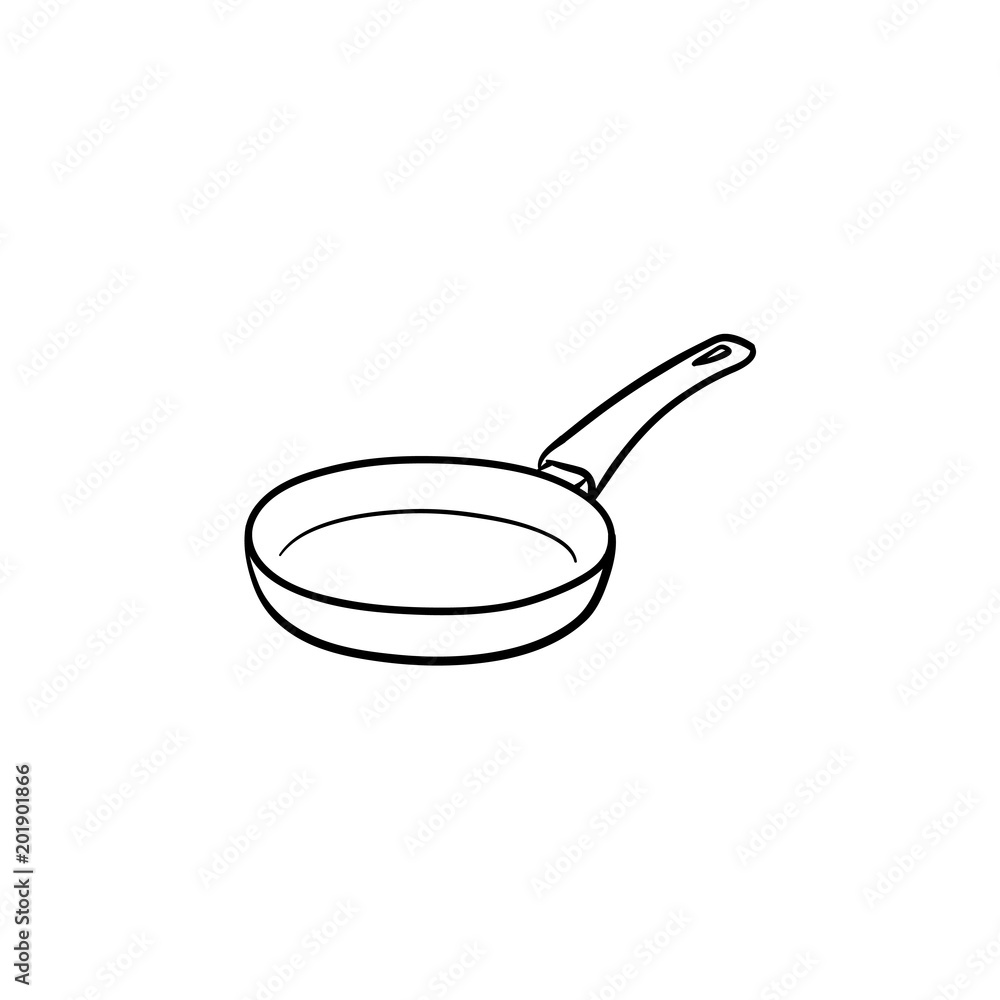 Frying pan hand drawn outline doodle icon. Pan for frying food on heat ...