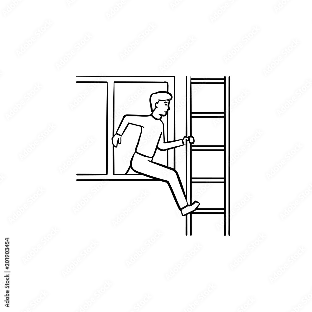 Person leaving the building through a window on the ladder due to a ...