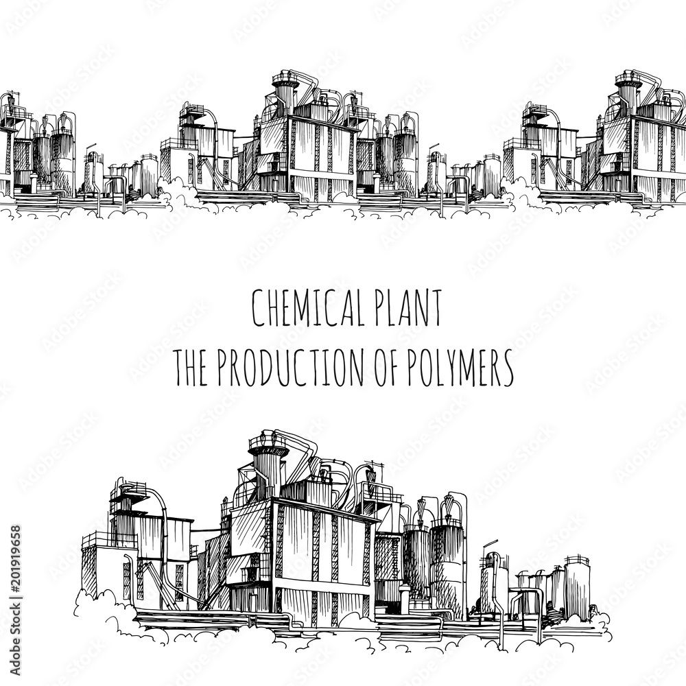 Chemical plant, the production of polymers, hand-drawn sketch vector ...