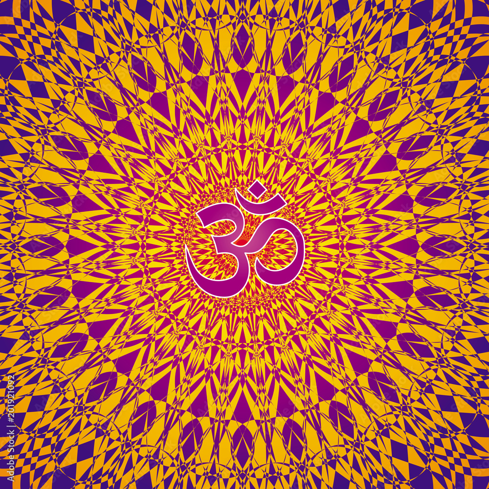 Mandala with the aum sign in the middle in red yellow purple blue tones ...