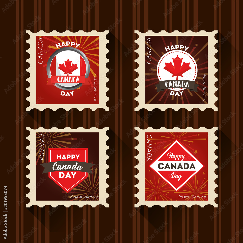 happy canada day set postage stamp symbols vector illustration Stock ...