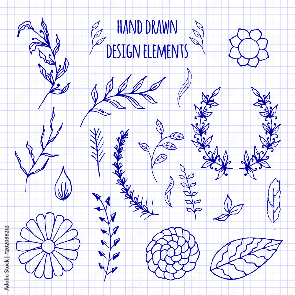 Set of hand-drawn doodle elements and seamless borders. Sketch style ...