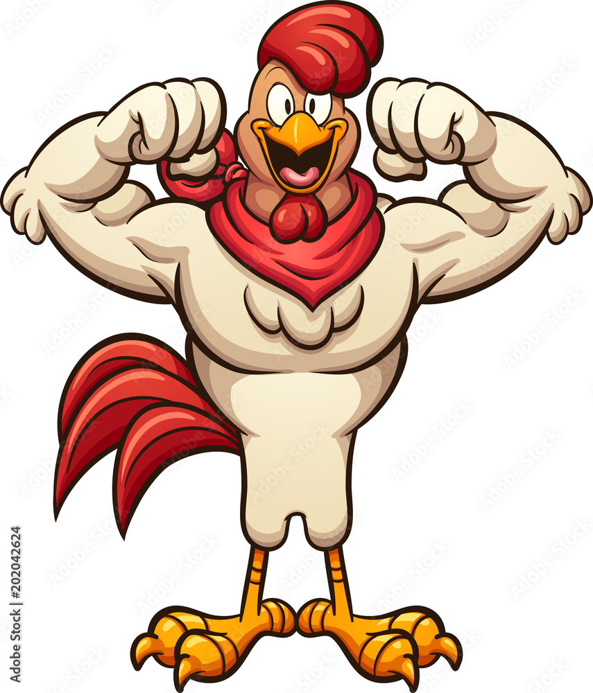 Strong cartoon rooster flexing it’s arms. Vector clip art illustration ...