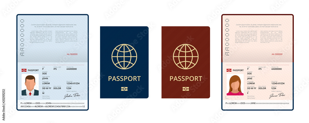 Vector Blank open passport template. International passport with sample ...