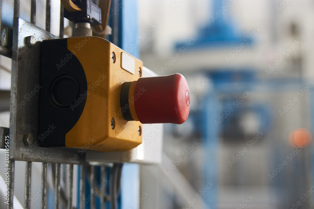 Start or stop button for industrial machine, close-up. Emergency Stop ...