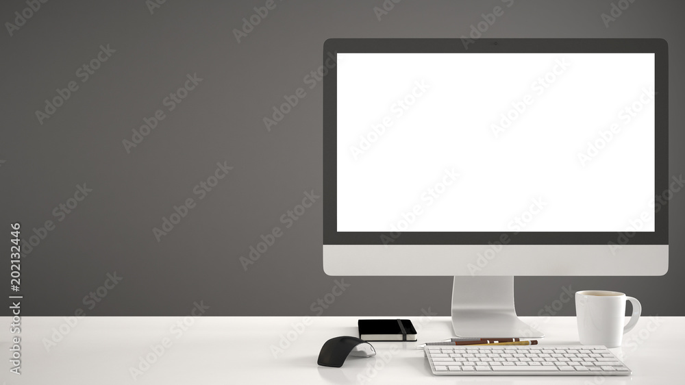 Desktop mockup, template, computer on work desk with blank screen ...