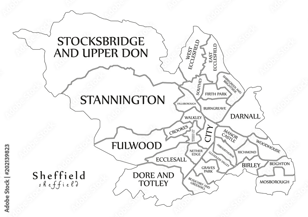 Modern City Map - Sheffield city of England with wards and titles UK ...