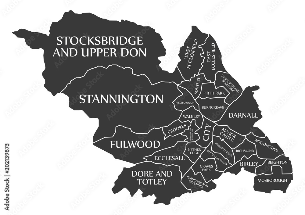 Sheffield city map England UK labelled black illustration Stock Vector ...