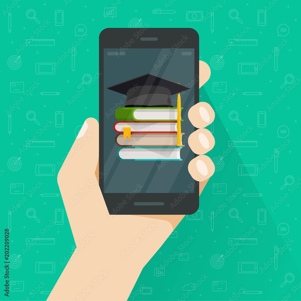 Education via mobile phone vector illustration, flat cartoon person ...