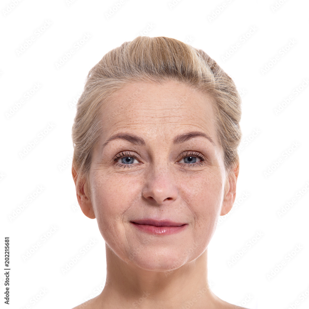 Beautiful smiling middle aged woman fase close up isolated Stock Photo ...