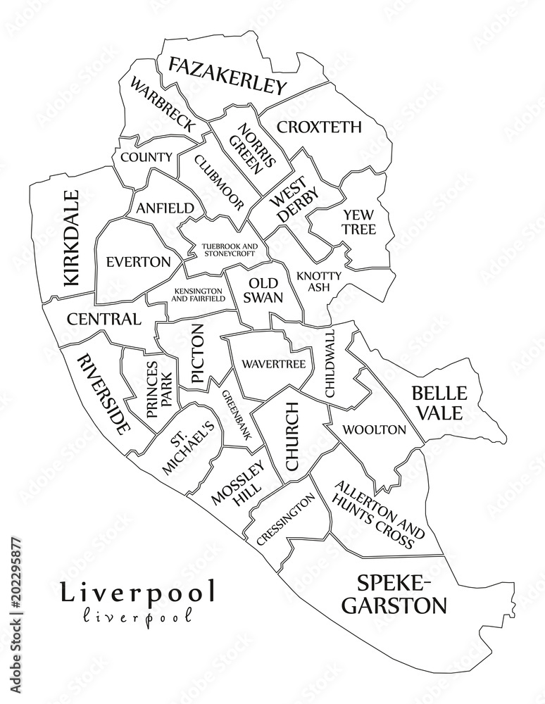 Modern City Map - Liverpool city of England with wards and titles UK ...