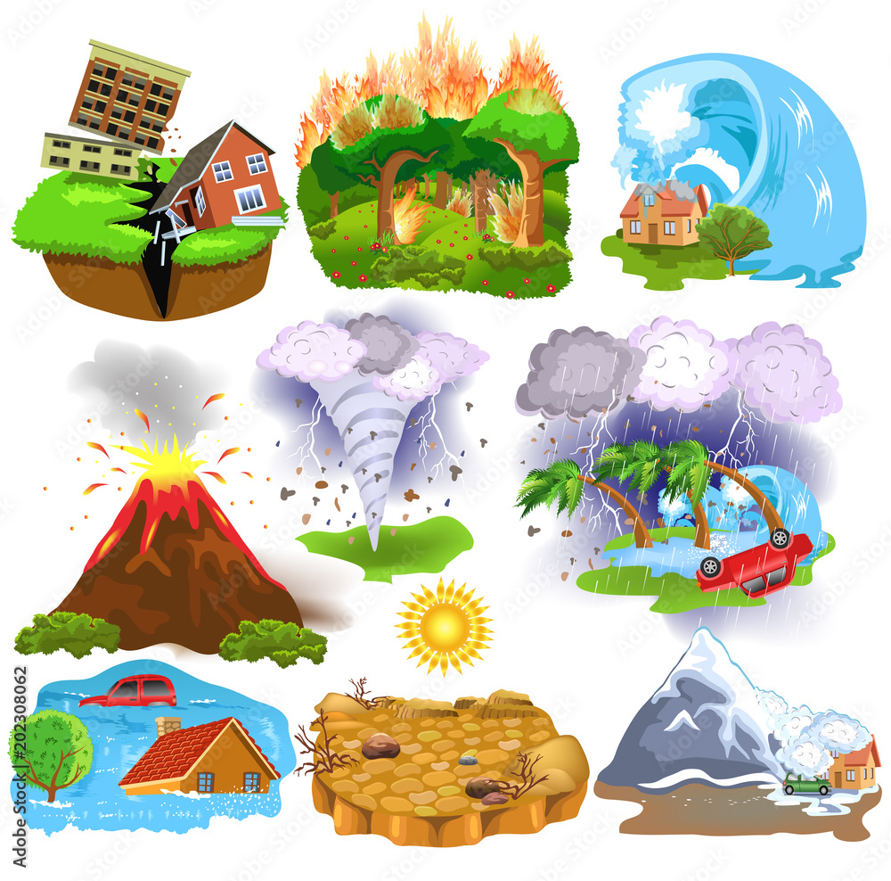 Natural Disasters icons like earthquake, tsunami, hurricane, avalanche ...