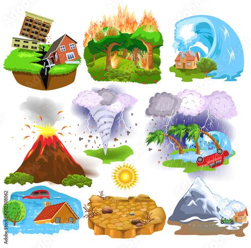 Natural Disasters icons like earthquake, tsunami, hurricane, avalanche ...