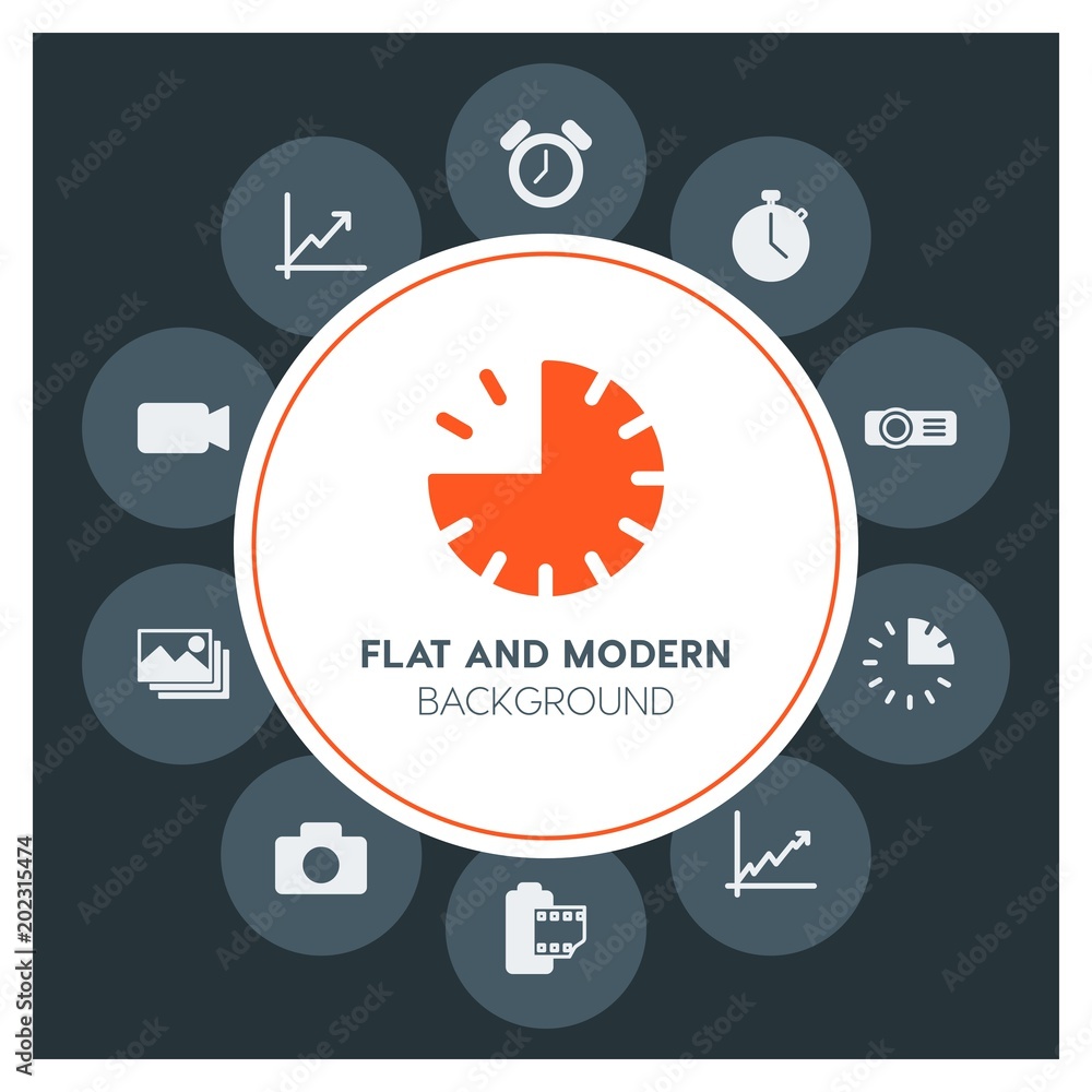 charts, video, photos, time Infographic Circle fill Icons Set. Contains ...