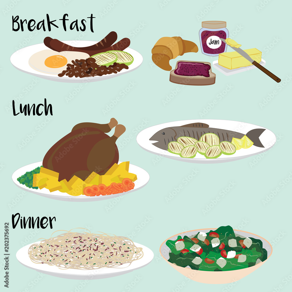 Collection of colorful vector illustrations of healthy three meals of ...