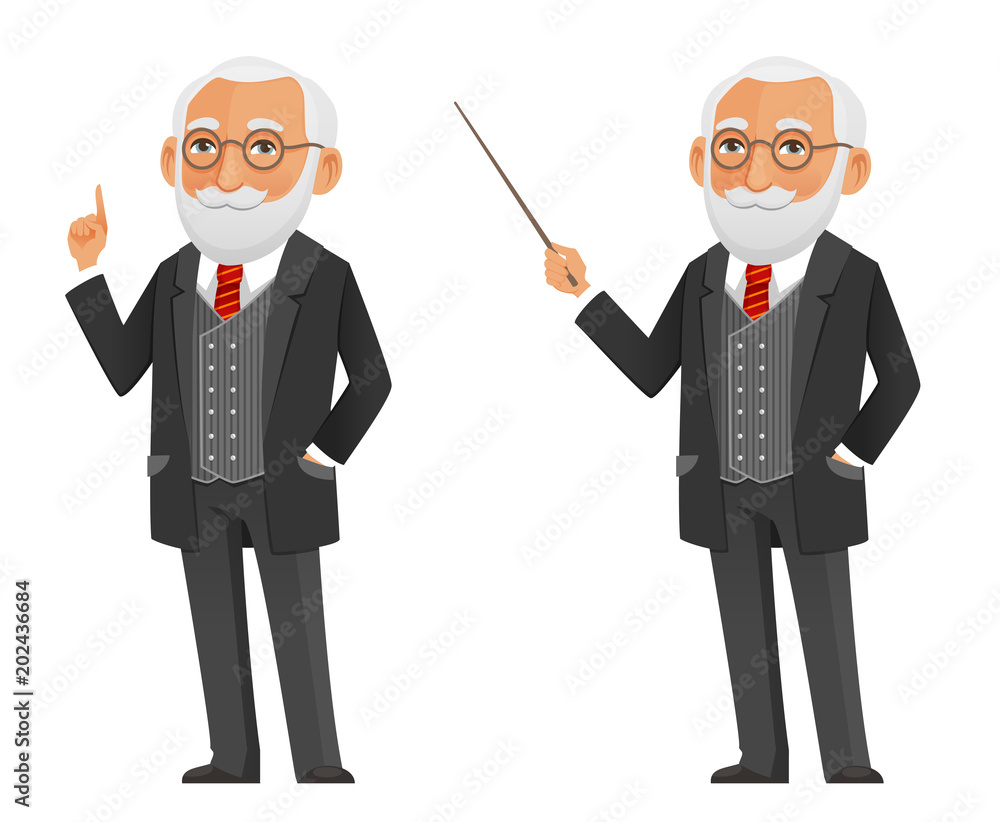 cartoon illustration of a senior professor or scientist in elegant ...