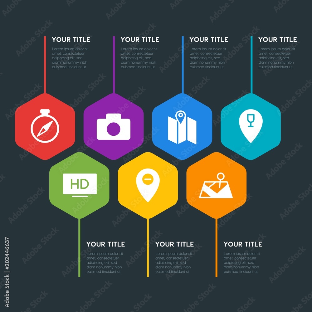 Flat geometric location, video, photos, time infographic steps template ...