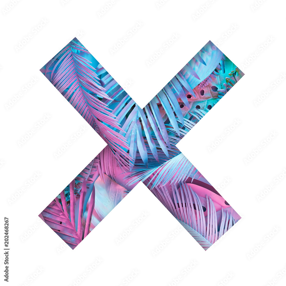 X shape with painted tropical and palm leaves in vibrant bold colors ...