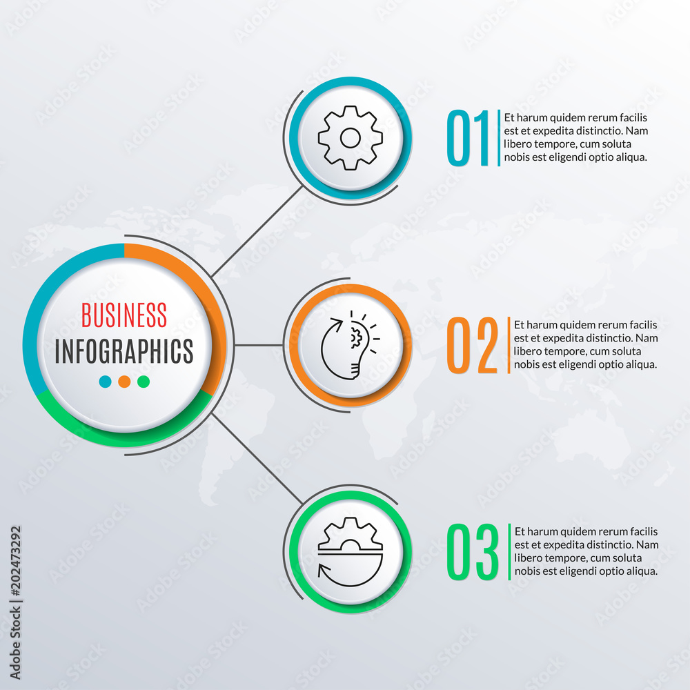 3 steps circle infographics template. Business process background with 3 options, levels. Data ...