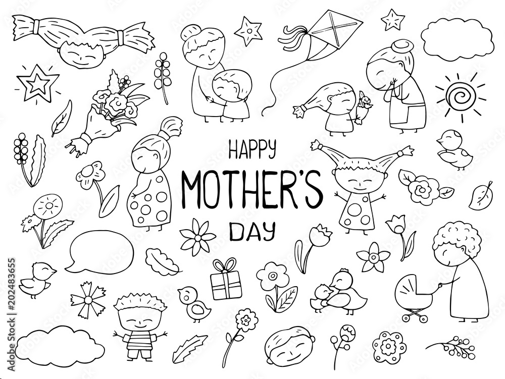 Happy Mother Day black white vector clipart. Mom and child outlined ...