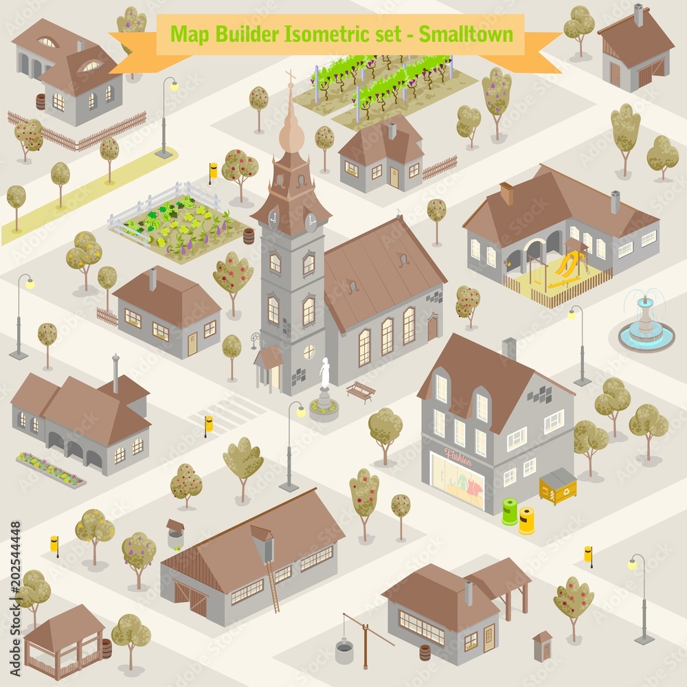 Map builder isometric set in vector format illustration of a small town ...