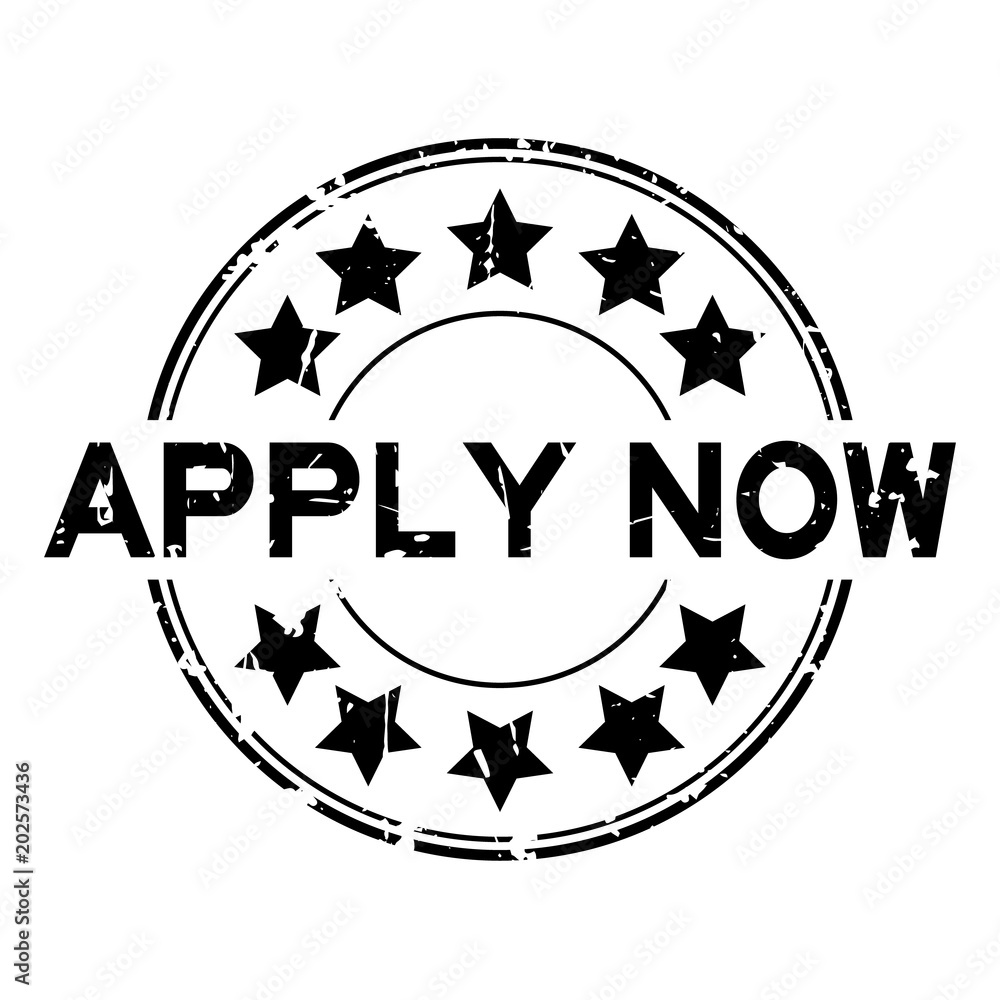Grunge black apply now word with star icon round rubber seal stamp on white background Stock ...