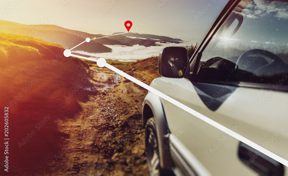 Off-road Car On Mountains And Clouds Background With Augmented Reality ...