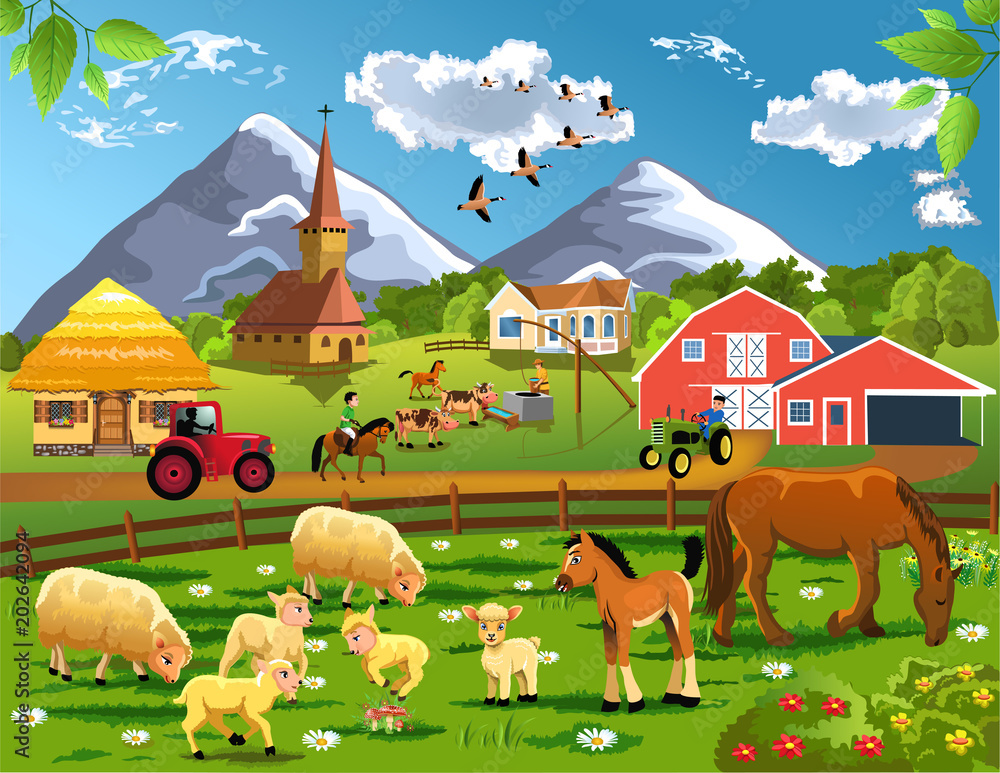 Cartoon illustration of countryside with village, farm animals grazing ...