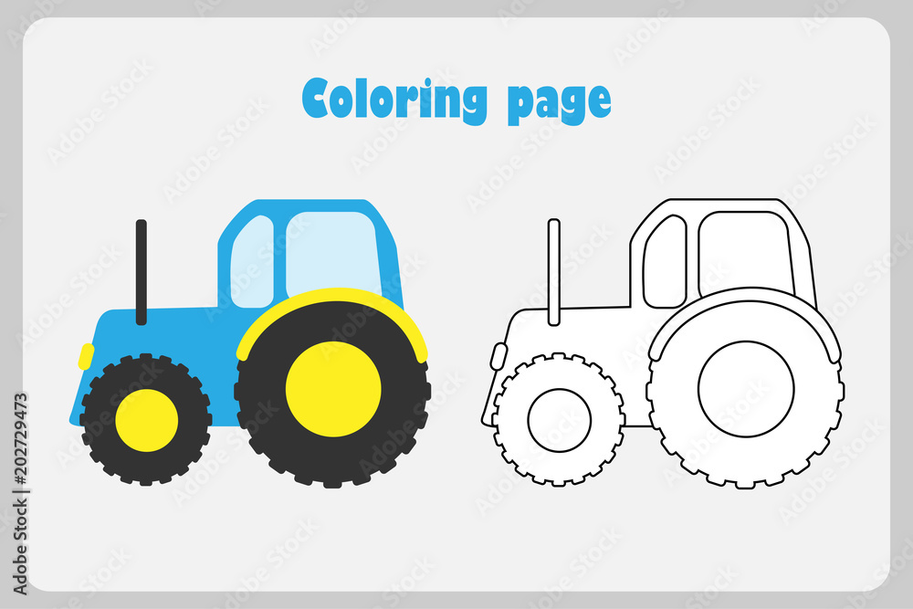 Tractor in cartoon style, coloring page, education paper game for the ...