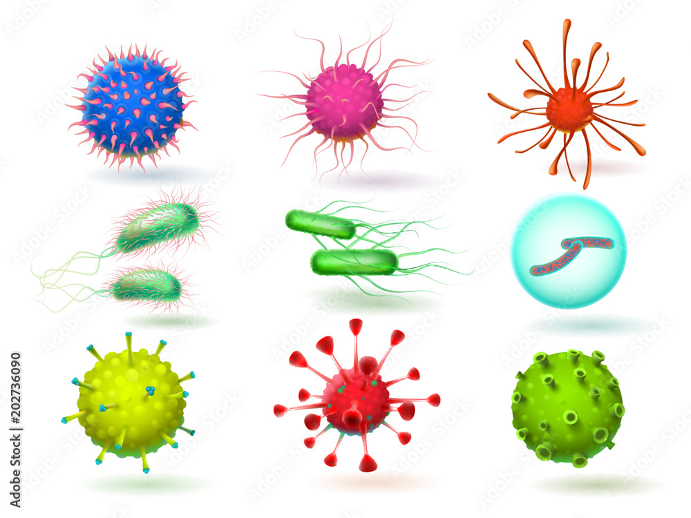 Vector de Stock Microscopic 3d epidemic virus, bacillus bacteria and ...