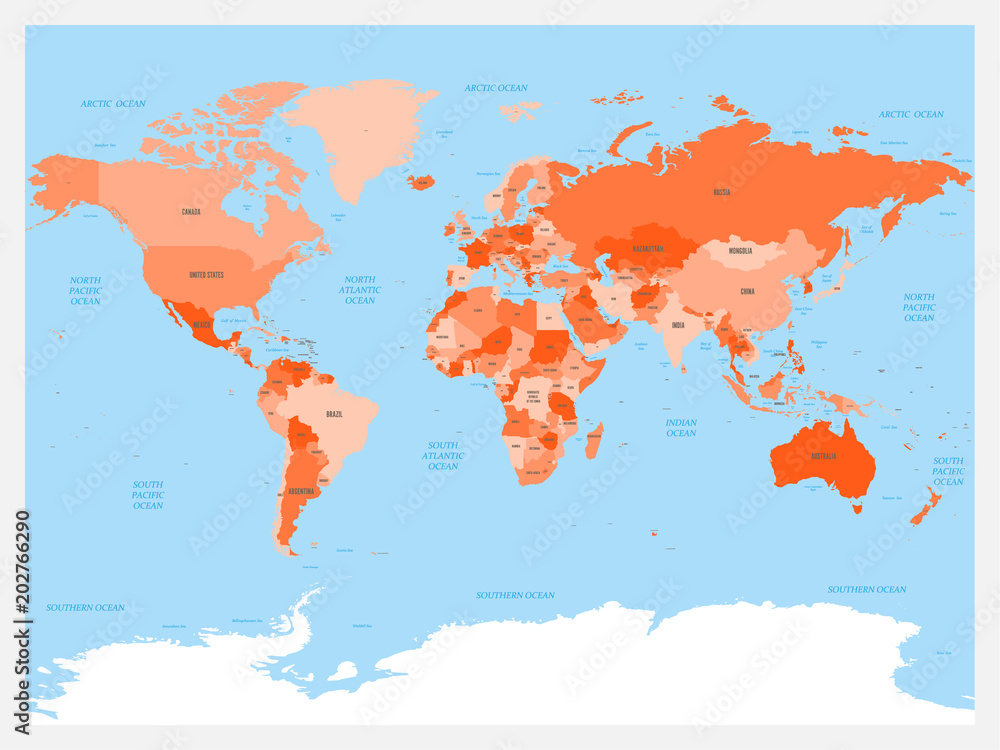 World map atlas. Red colored political map with blue seas and oceans ...