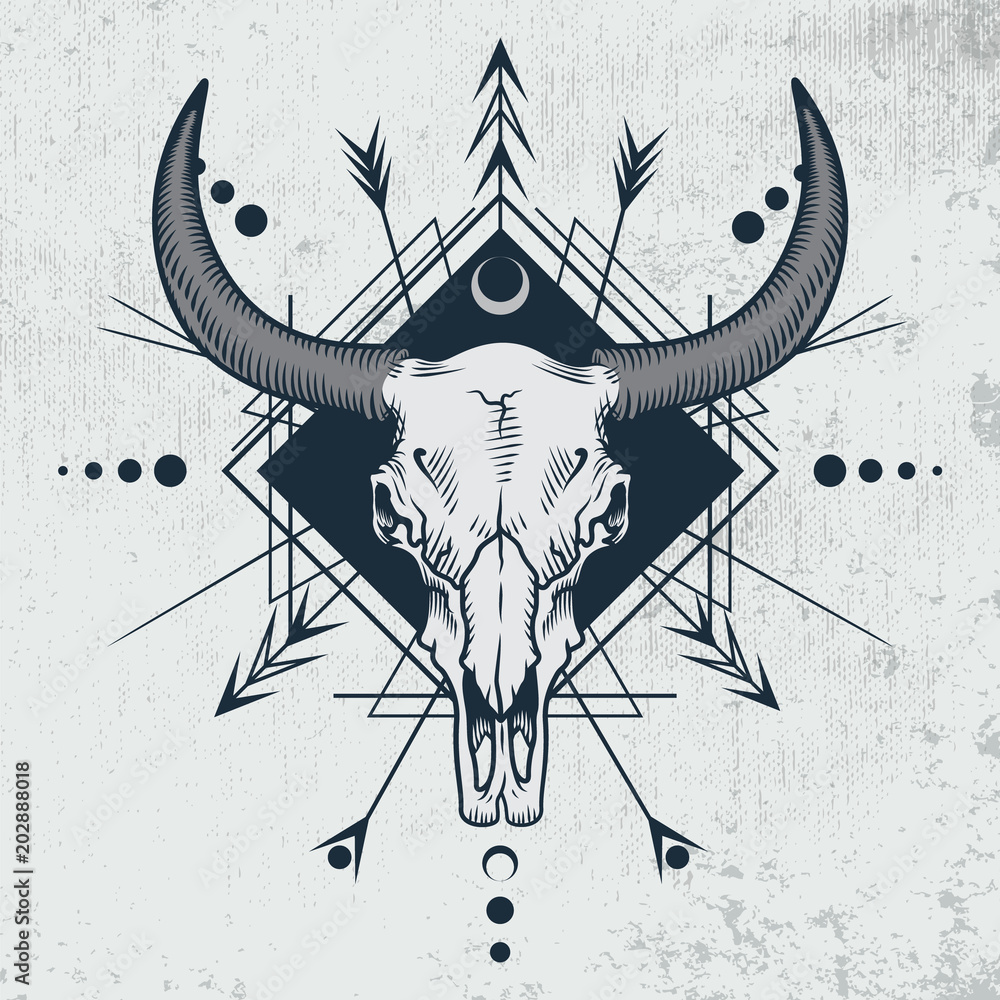 Bull skull in engraving graphic, ink technique. Vector illustration of ...