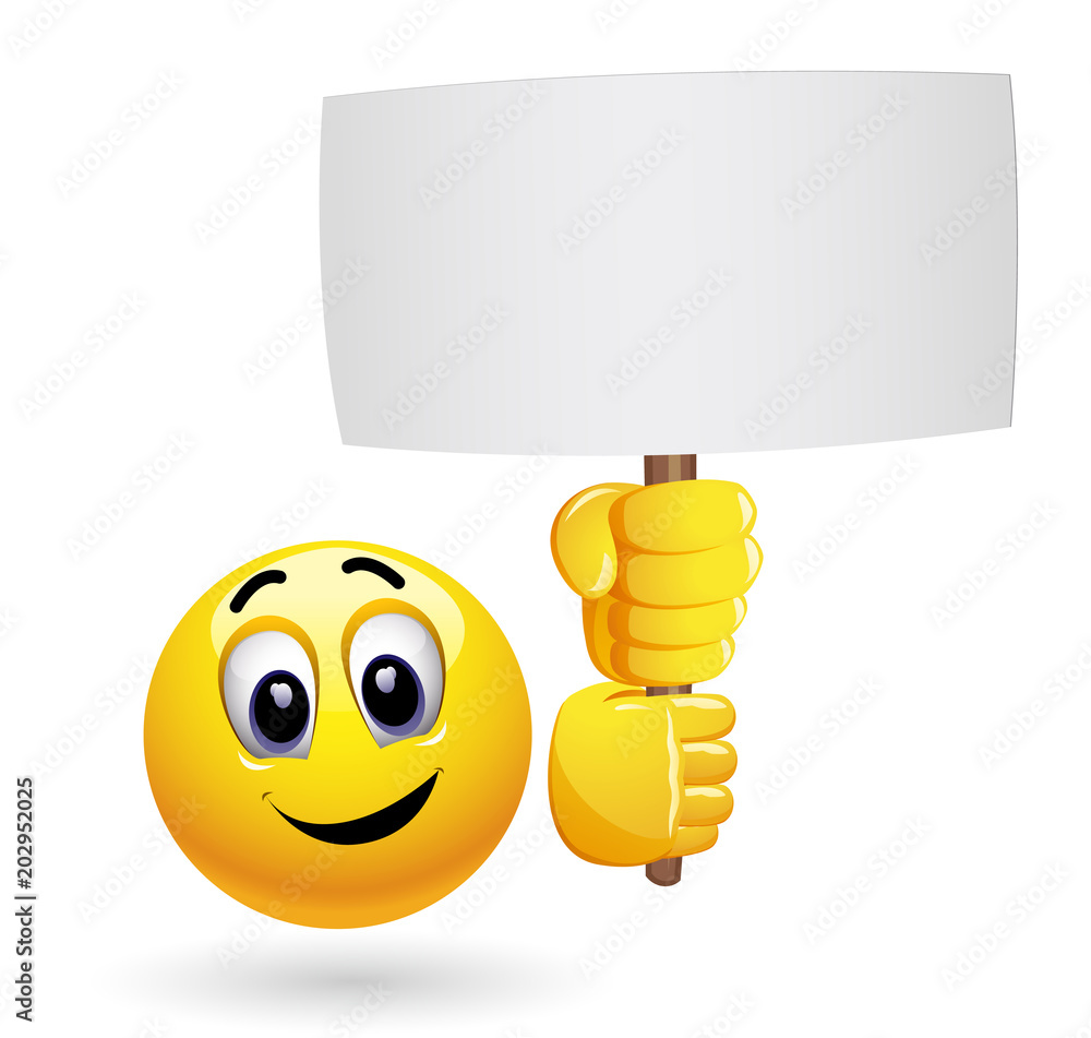 Smiley holding advertise. Smiley emoticon protesting and holding ...